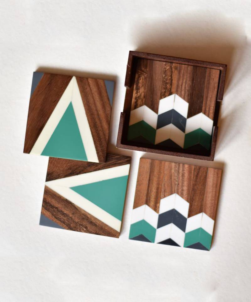 Wooden Chevron Coasters - Sea Green - The Pitara Project - 4013493