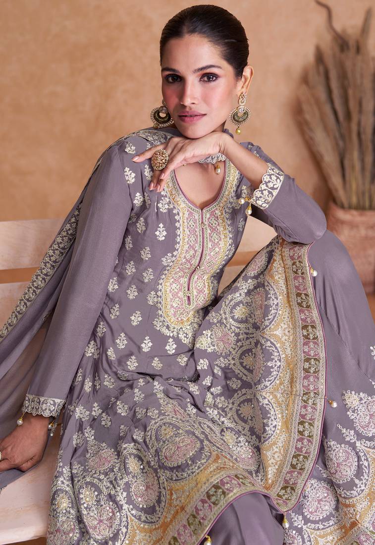 Lilac real chinon heavy thread embroidery with sequince work salwar ...