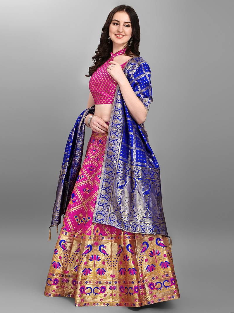 Rani Pink Color Woven Jacquard Trendy Lehenga Choli - Monjolika - 4162669