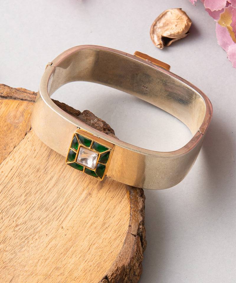 Silver finish white & green stone bangle - MERO JEWELLERY - 4162781