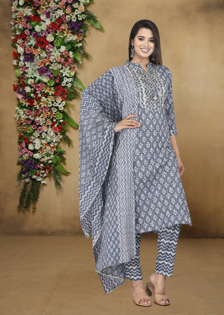 Trendmalls Grey Pure Cambric Cotton Jaipuri Printed Party Wear Festive ...