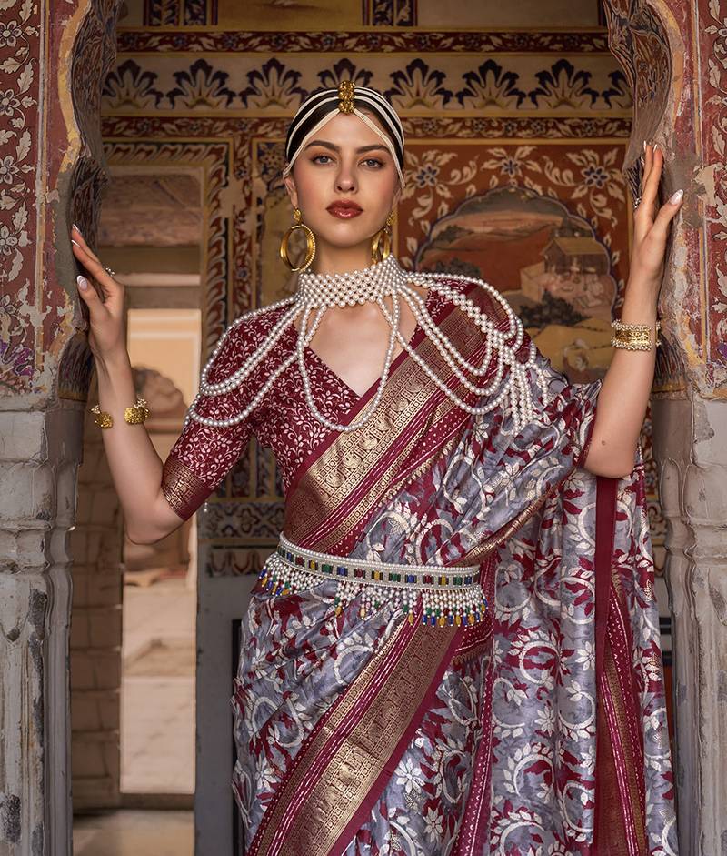 Grey color silk ajarak design traditional saree - Monjolika - 4166240