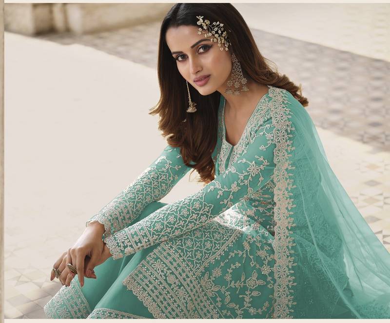 Aqua blue embroidery net semi stitch suits - Aarshi Fashions - 4167252