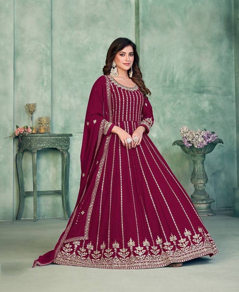 Rani pink color embroidered georgette anarkali suit - Monjolika - 4169136