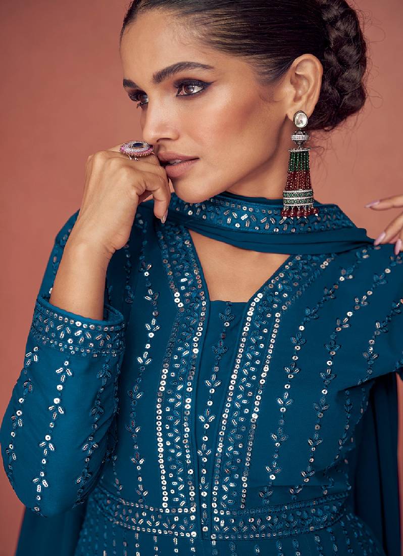 Dark blue georgette embroidered salwar kameez - Hirpara House - 4169532