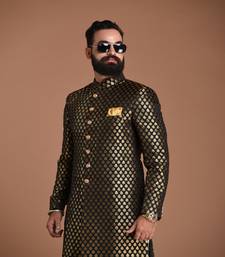Solid Black Brocade silk Sherwani with Golden Booti Pattern - Rajanyas ...