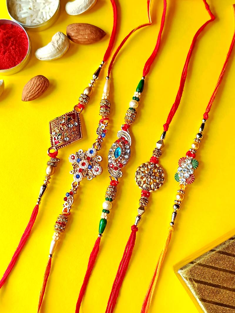 Beautiful designer rakhi set of 5 with roli tika for brother | 5 rakhis ...