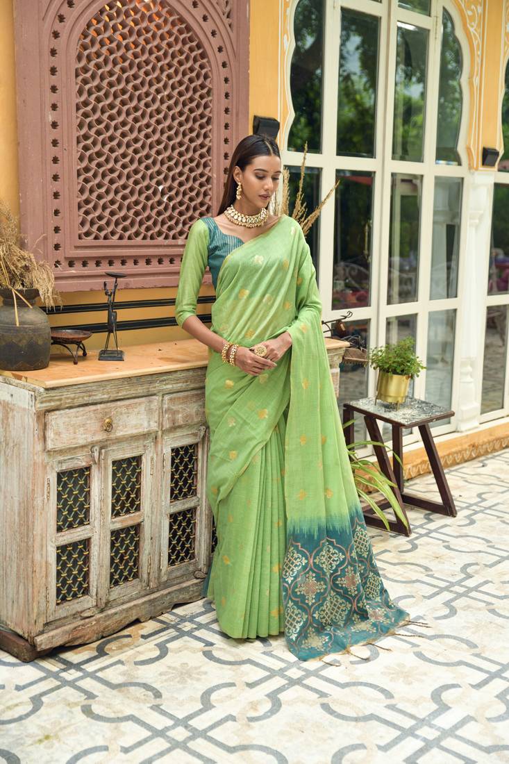 MINT GREEN CHANDERI SILK UNIQUE PRETTY SAREE - SHREE SAI TRADING - 4173183