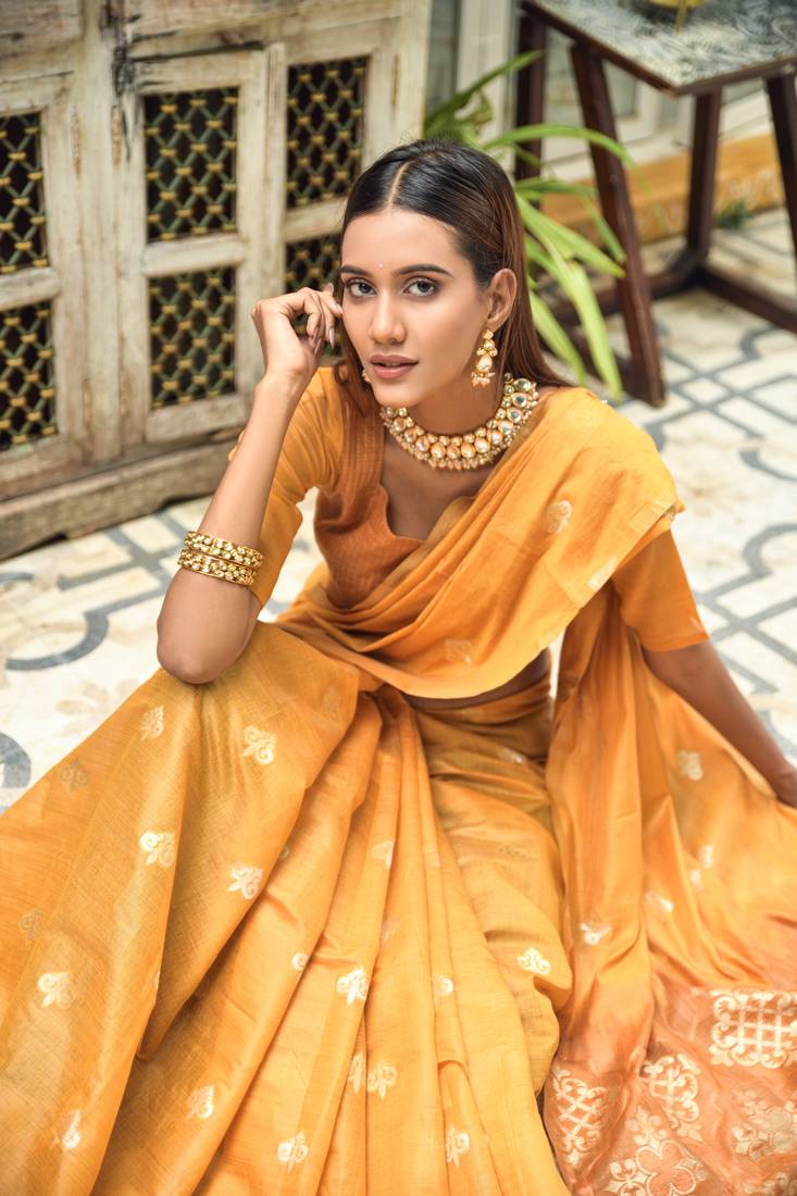 MUSTERD YELLOW CHANDERI SILK UNIQUE PRETTY SAREE - SHREE SAI TRADING ...