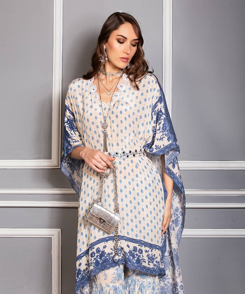 Cabalt blue crepe printed kaftan set - SAKSHI GIRRI - 4174981