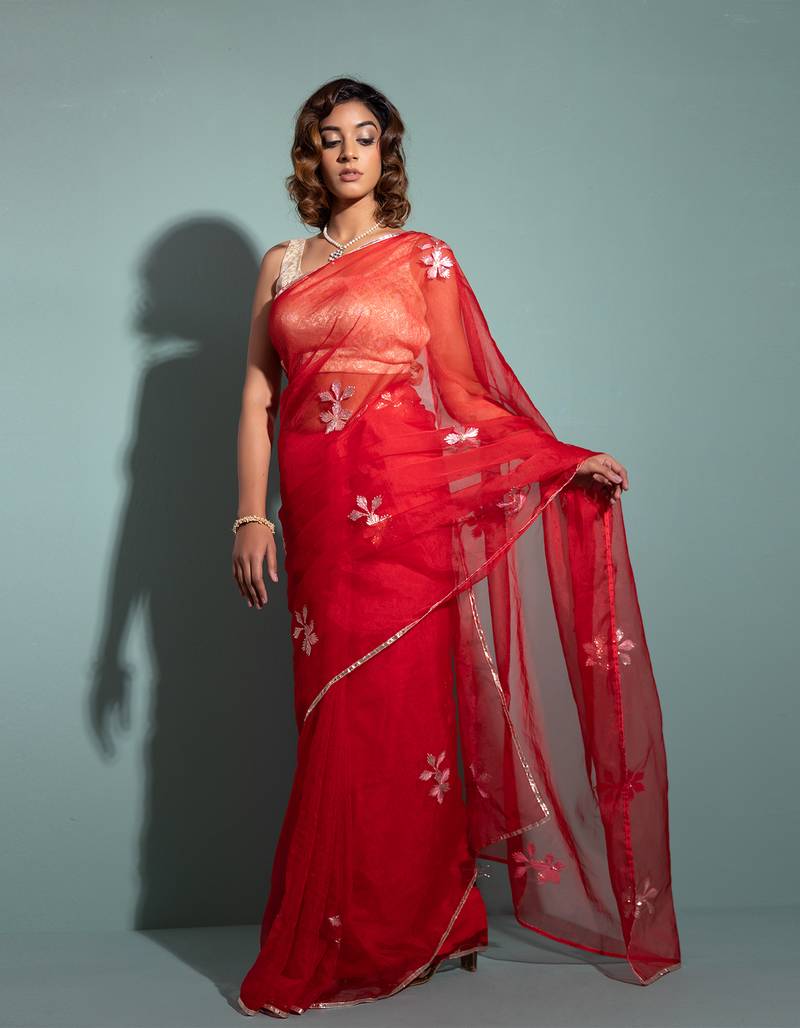 Geroo Jaipur Red Handcrafted Gota Patti Organza Saree - Geroo Jaipur - 4176445