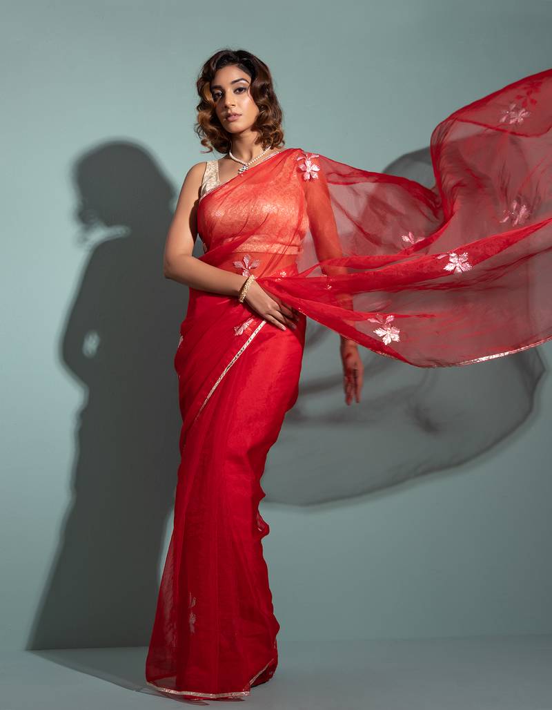 Geroo Jaipur Red Handcrafted Gota Patti Organza Saree - Geroo Jaipur ...