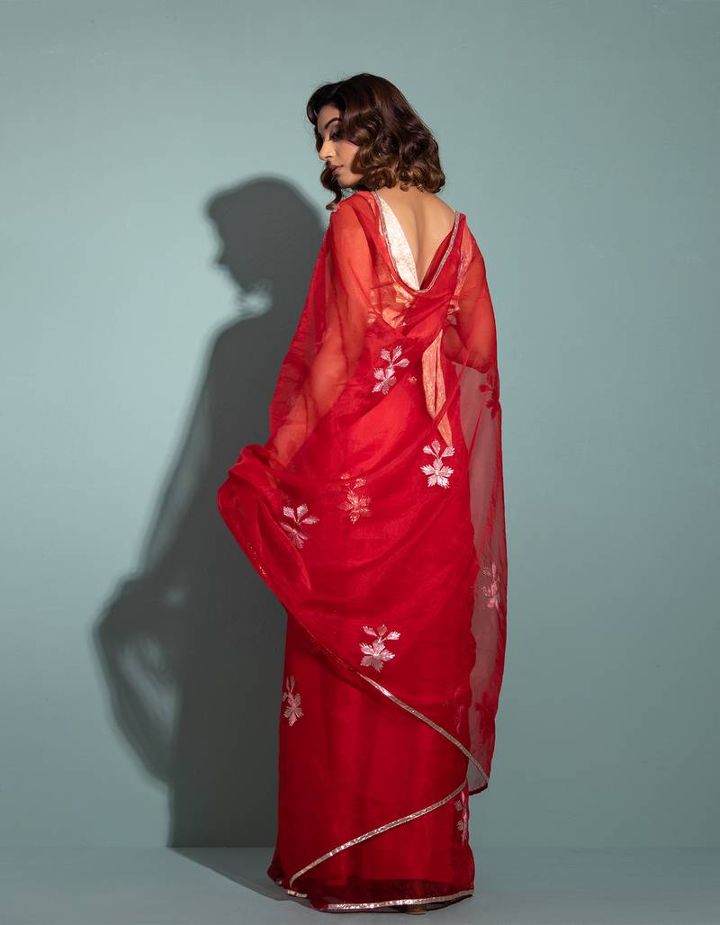 Geroo Jaipur Red Handcrafted Gota Patti Organza Saree - Geroo Jaipur - 4176445