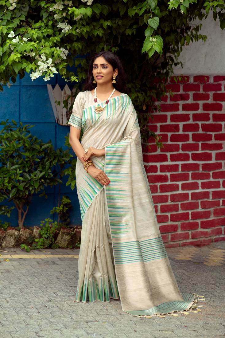 CREAM MOST GORGEOUS TUSSAR SILK SAREE - SHREE SAI TRADING - 4176463