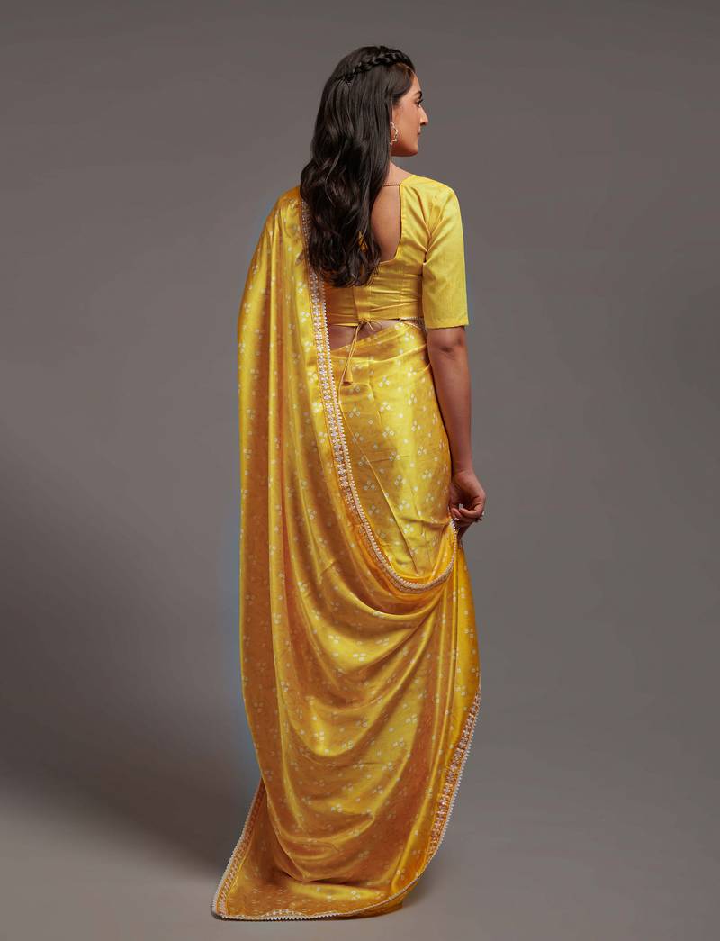 Haldi ceremony Yellow color Bandhani Print Satin Fabric Saree and ...