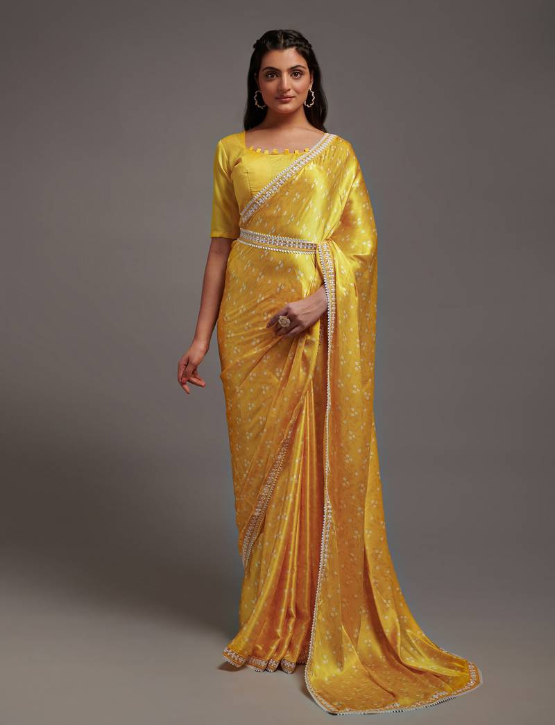 Haldi ceremony Yellow color Bandhani Print Satin Fabric Saree and ...