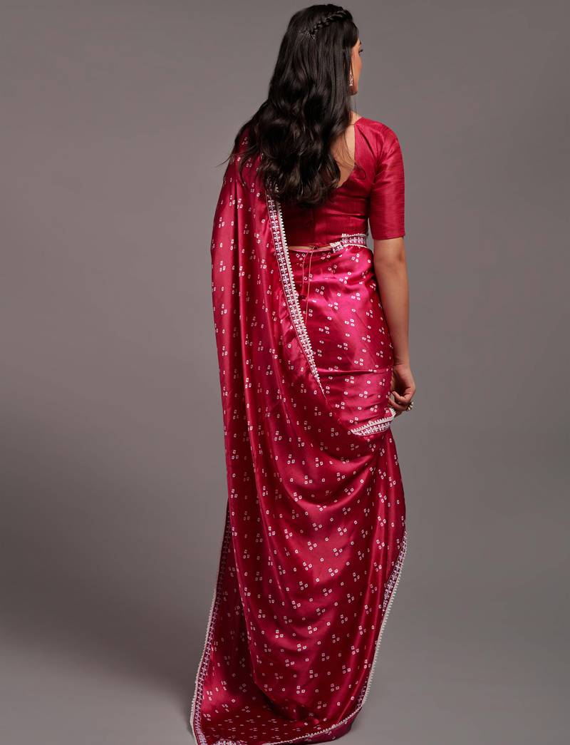 Rani Pink Color Bandhani Print Satin Fabric Saree with Embroidery ...