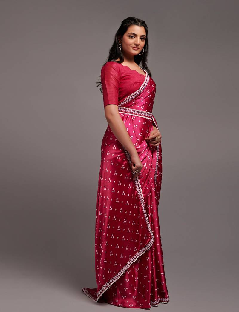 Rani Pink Color Bandhani Print Satin Fabric Saree with Embroidery ...