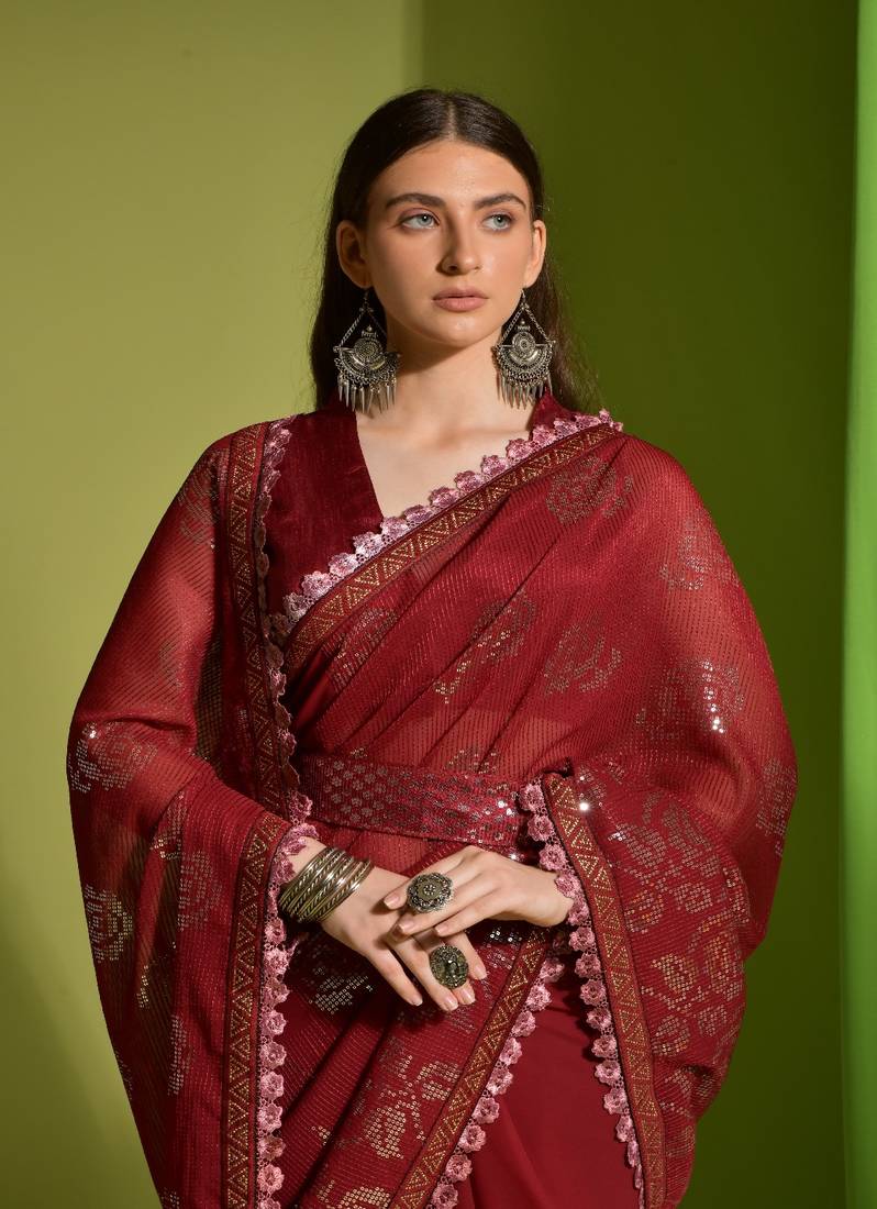 Classy Sequins Work Fancy Bollywood style Maroon Colour Saree - KSM ...