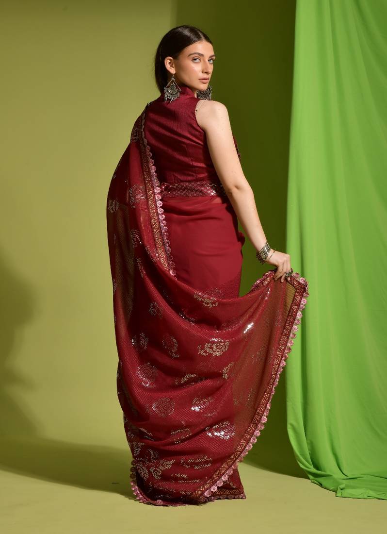 Classy Sequins Work Fancy Bollywood style Maroon Colour Saree - KSM ...