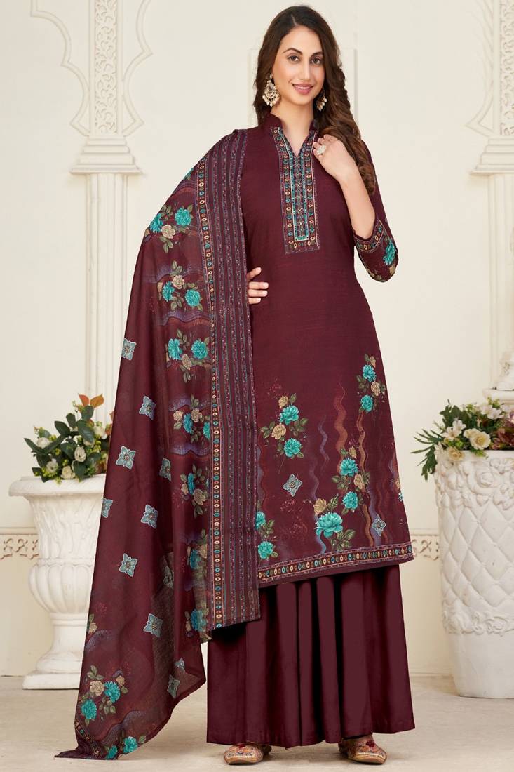 Dark Maroon Diamond Work Cotton Silk Unstitched Dress - Vasu Sarees ...