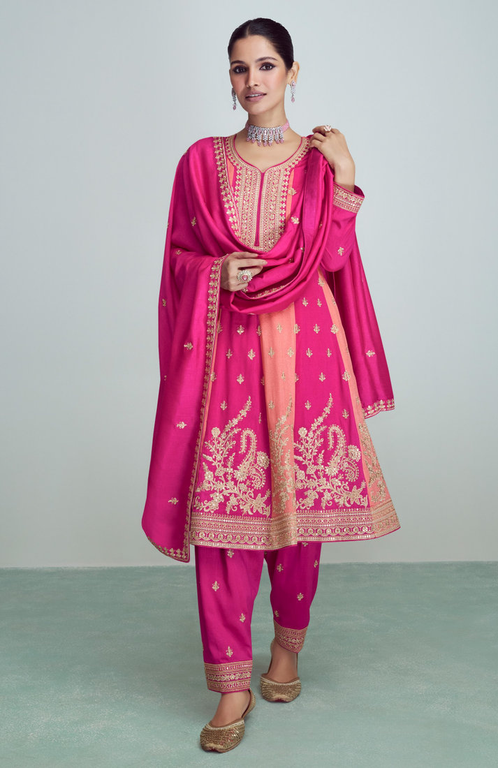 Pink embroidered work silk semi-stitch salwar kameez with dupatta ...