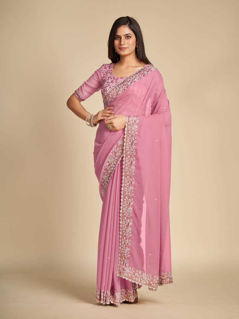 Trendmalls Women Pink Georgette Embroidery With Sequence Dimond Party ...