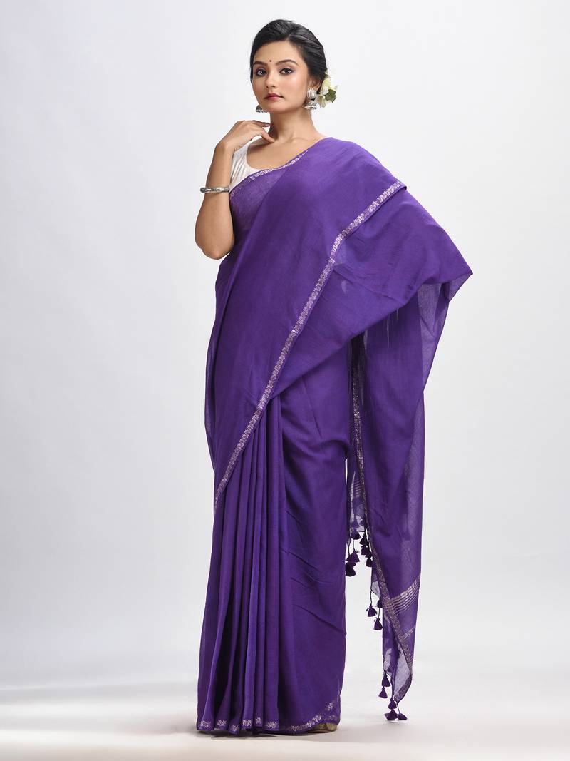 Purple cotton with Jacquard Zari border and zari Stipe pallu handloom ...