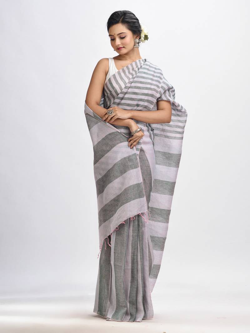 Ash And Light grey Stipe Handwoven linen handloom Saree - Angoshobha ...