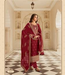 Brown embroidery silk blend semi stitch ceremonial churidar suits ...