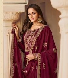 Maroon embroidery silk blend semi stitch ceremonial churidar suits ...