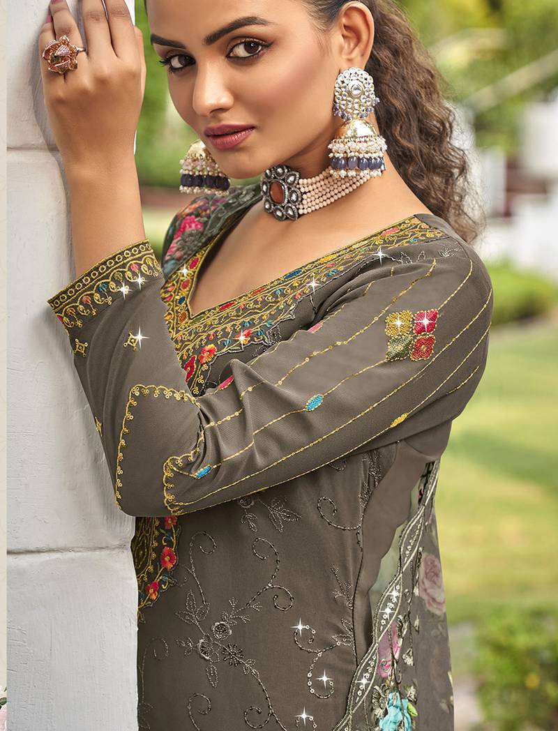 Grey color georgette embroidered straight salwar suit - Monjolika - 4184286