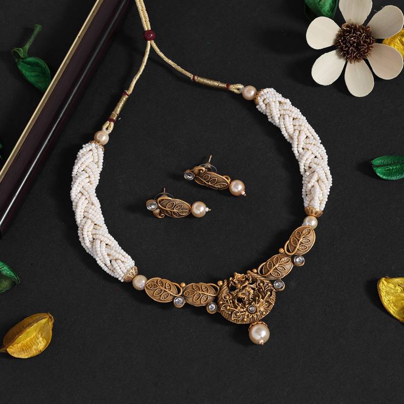 Gold color choker matte gold temple necklace set - Jaipur Mart - 4185128