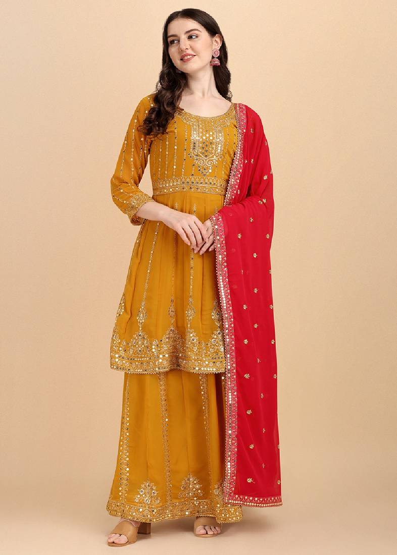 Mustard color georgette semi stitched embroidered palazzo suit ...