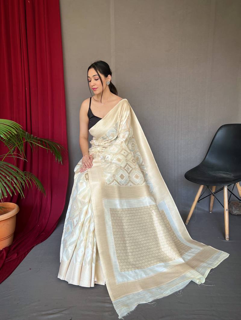 OFF WHITE MOST BEAUTIFUL SUPER LINEN SILK SAREE - Mr & Mrs Creation ...