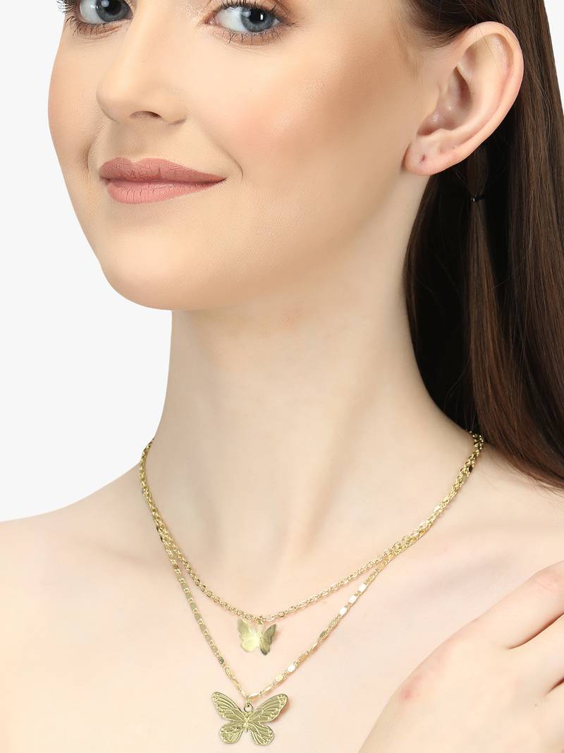 Women gold-plated double layered butterfly chain - Adwitiya - 4181643