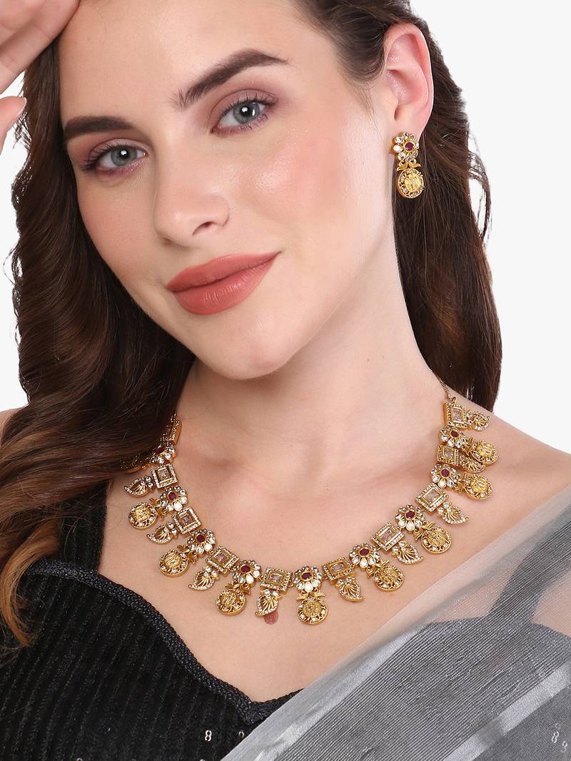 24ct gold-plated temple pink stone jewellery set - Adwitiya - 4181780