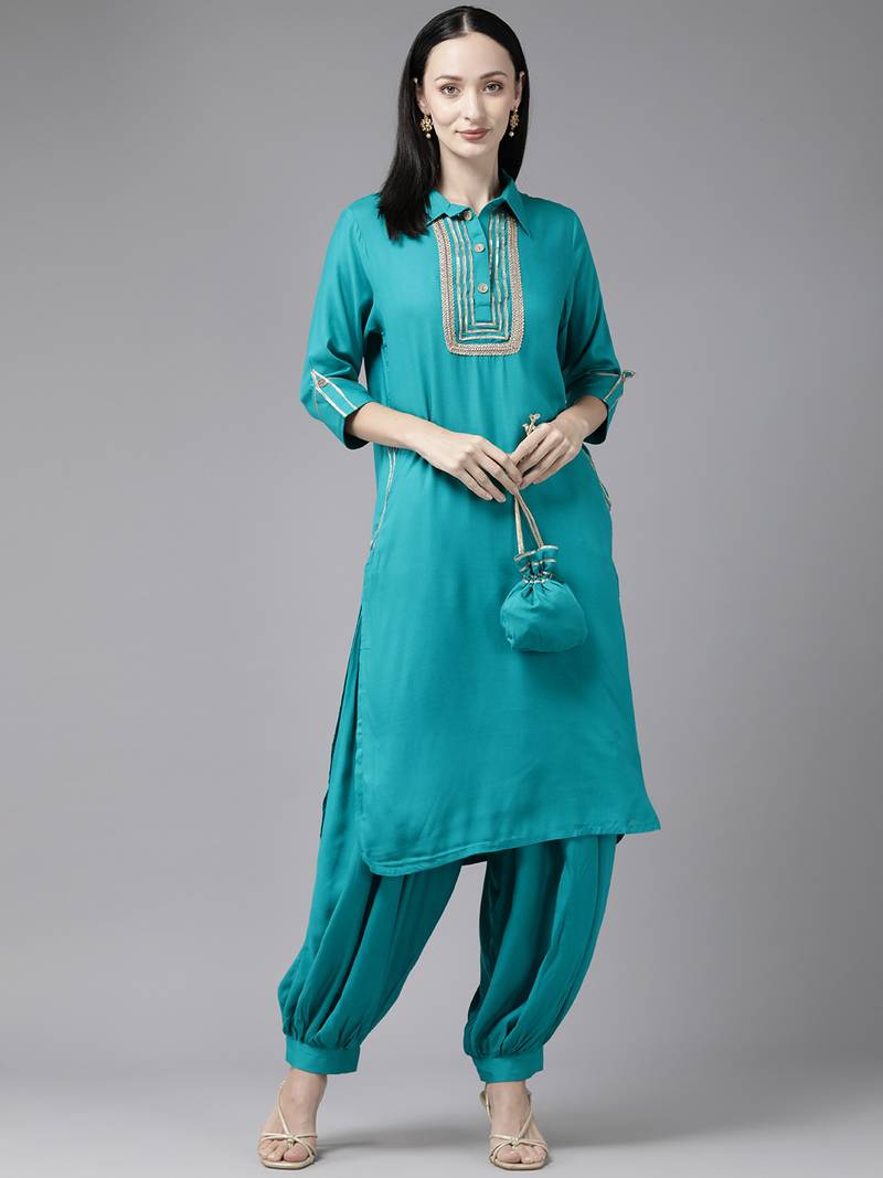 Aarika womens rama colour rayon solid kurti & salwar set - Aarika - 4188994