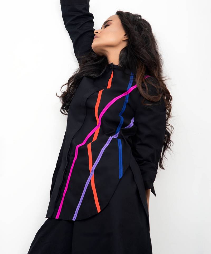 Jet black with neon stripes cotton co ord set - DEEPIKA ARORA - 4189944