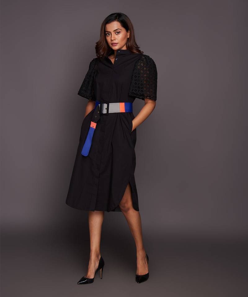 Black front open cotton shirt dress - DEEPIKA ARORA - 4189952