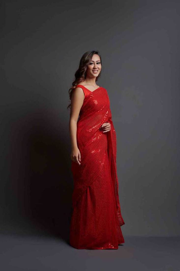 Red sequence georgette saree with blouse piece for women - Globon ...