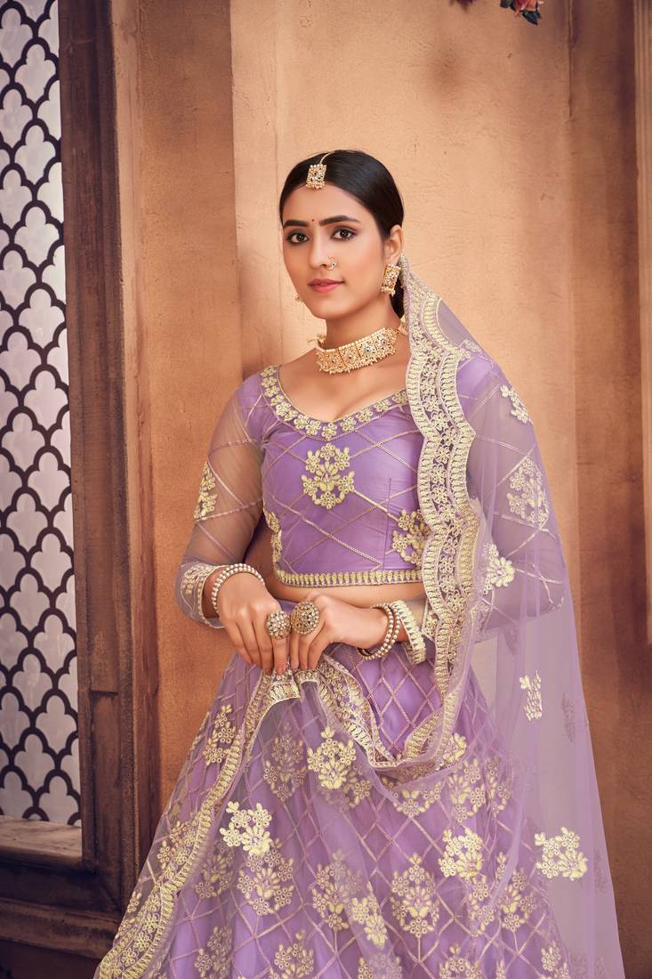 Purple Embroidery Net Designer Semi-Stitched Lehenga Choli - BIVA - 4191804