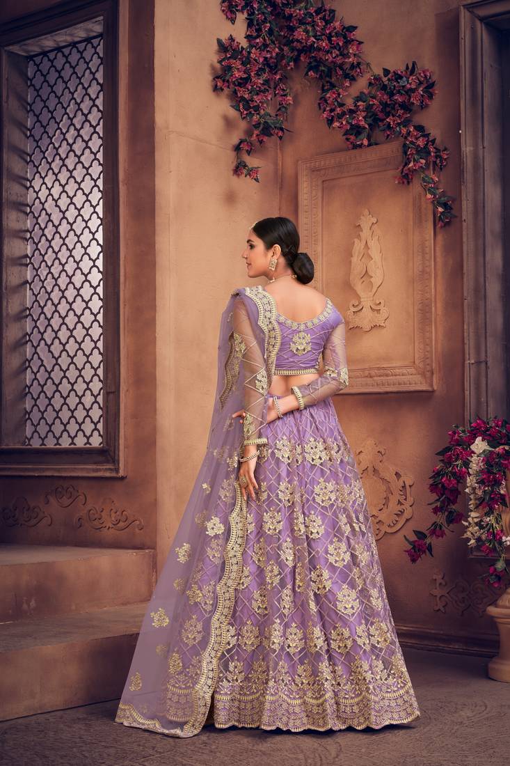 Purple Embroidery Net Designer Semi-Stitched Lehenga Choli - BIVA - 4191804