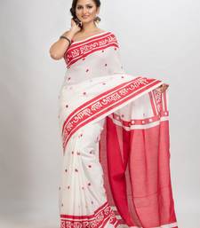 White cotton red border & pallu printed saree - Angoshobha - 4192024