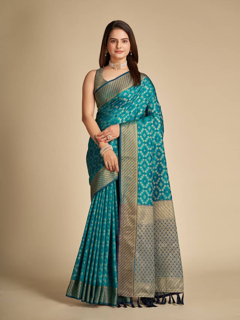 Firozi Colour Ethnic Patola Silk Saree For Traditional Looks - KSM ...