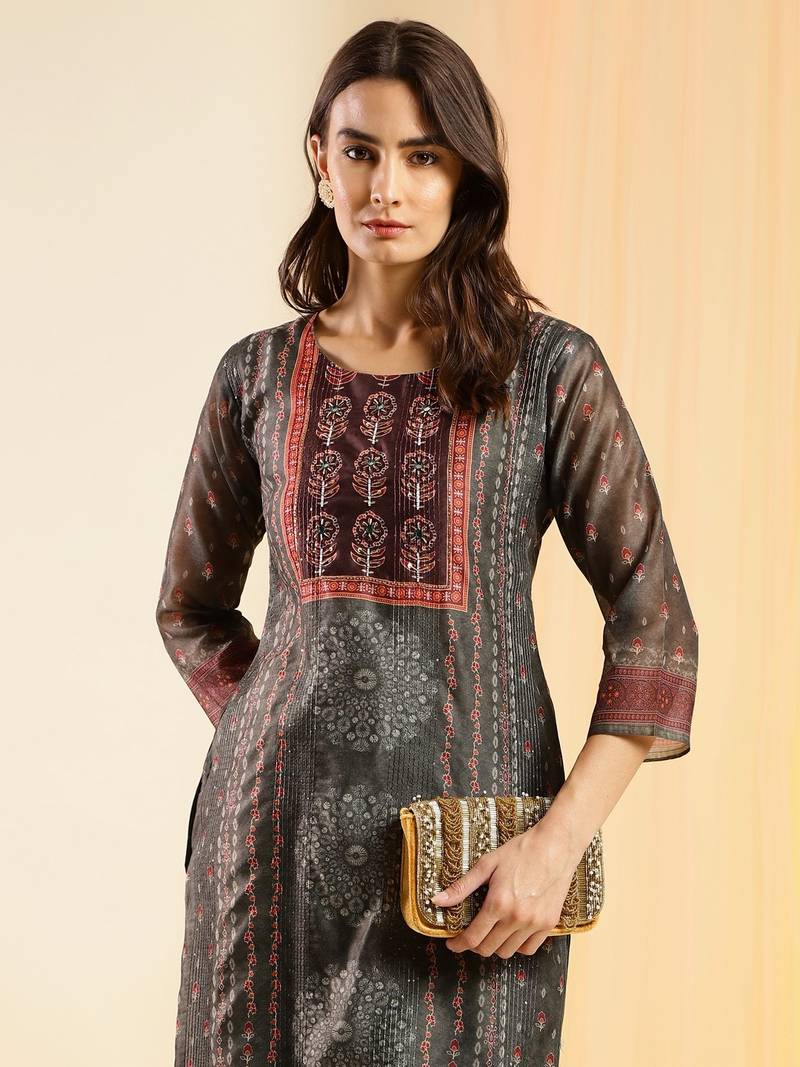 Dark Green Colour Ethnic Smart Kurti With Fancy Digital Print And Hand ...