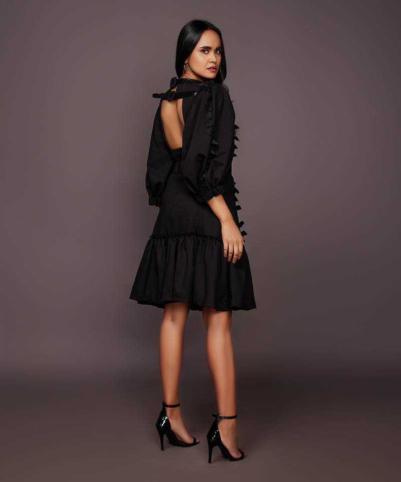 Black roma ruffle bottom backless dress - DEEPIKA ARORA - 4194246