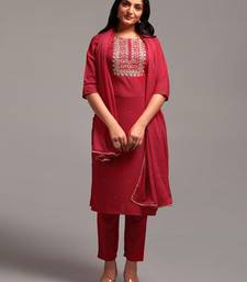 Gajari Red Embroidered Work Slub Rayon Fabric Straight Kurta, Pant and ...