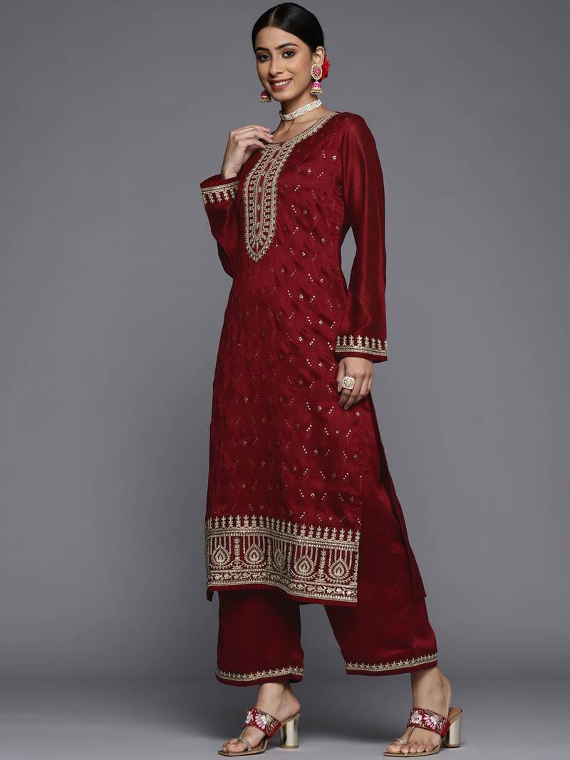 Maroon Color Sequence Embroidered Silk Blend fabric Kurta, Palazzo with ...