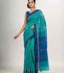 Turquoise cotton blend all body boll motive with blue pallu jamdani ...